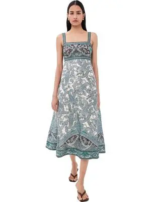 Veronica Beard Paisley Print Square Neck Linen Silk Dress - Ecru Multi