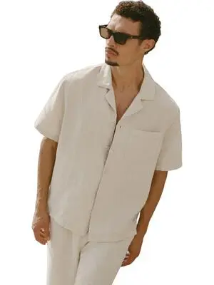 Alo Yoga Linen Days Short Sleeve Button Up Top - Bone