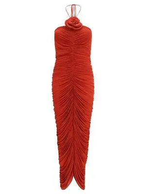 Magda Butrym Halterneck Floral Appliqué Ruched Gown - Red
