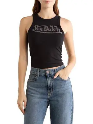 VON DUTCH Rhinestone Embellished Ribbed Scoop Neck Tank - Black