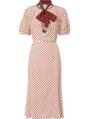 Prada Polka-dot Silk Midi Dress With Detachable Scarf - Red