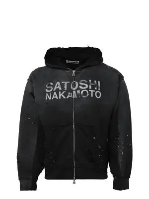 SATOSHI NAKAMOTO Washed Fleece Zip-up Hoodie - Black