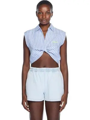 Off-White Striped Sleeveless Shirt With Embroidery - Blue