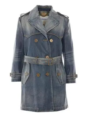 Burberry Coated Denim Short Trench With Check Lining - Blue