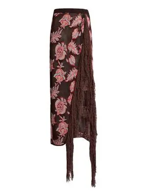Etro Long Cotton Blend Jacquard Skirt With Fringe And Floral Pattern - Brown