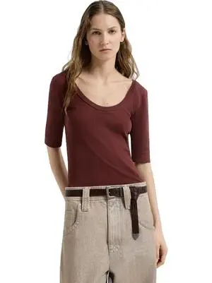 Brunello Cucinelli Ribbed Stretch Cotton T-shirt With Monili - Wine