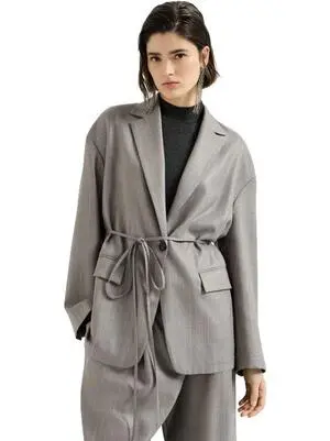 Brunello Cucinelli Sparkling Virgin Wool Pinstripe Blazer With Monili - Silver