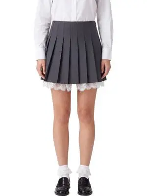 SELF-PORTRAIT Self-Portrait Pleated Wool-Blend Mini Skirt With Lace Inserts Grey