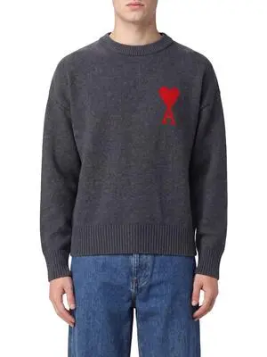 AMI Paris Crew Neck Wool Jumper With Contrast De Cœur Logo - Grey