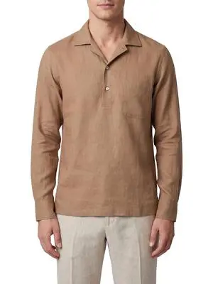 LARDINI Long-sleeved Shirt In Pure Linen With A Cuban Collar And Patch Pocket - Brown