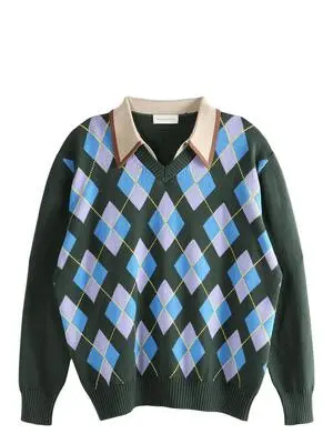 Dries Van Noten Argyle Knit Polo - Green