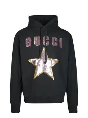 Gucci Logo And Star Sequinned Hoodie - Black