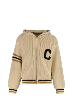 Celine Hooded Zip Sweater With Embroidered Logo - Beige