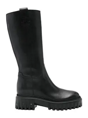 Hogan Mid-calf Leather Boots With Side Zip - Black