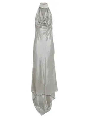 FROLOV Metallic Silk Halterneck Maxi Dress - Silver