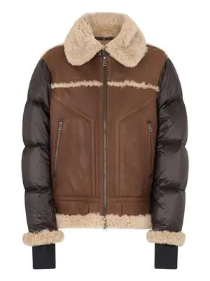 Moncler Down Jacket With Napa Leather And Shearling Inserts - Brown