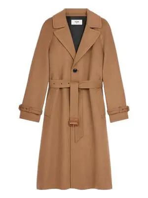 Celine Belted Button-up Coat In Wool - Camel