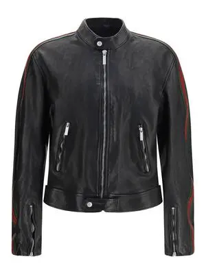 Gucci Buffalo Leather Bomber Jacket With Web Trim - Black