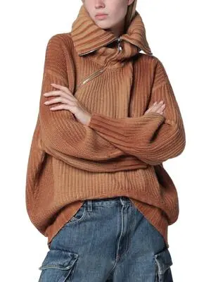 Attico Camel Wool And Cashmere Sweater With Asymmetric Zip Detail - Beige