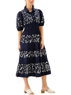 Karen Kane Puff Sleeve Embroidered Dress - Navy
