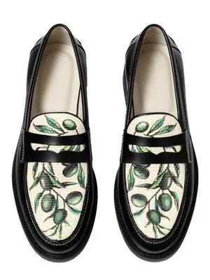DUKE + DEXTER DUKE + DEXTER Raffia Penny Loafers With Olive Branch Motif Olive