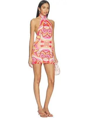 MORE TO COME Halter Mini Dress In Abstract Print - Pink Multi