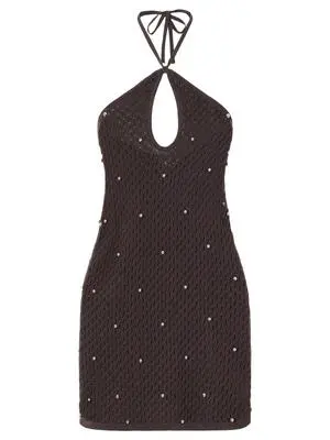 Staud Isola Embellished Crocheted Cotton Halterneck Mini Dress - Brown