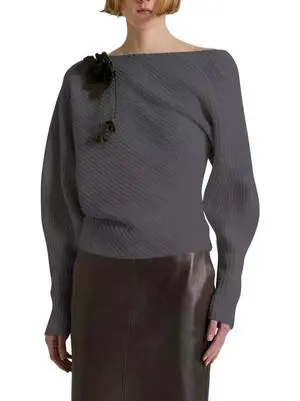 Alberta Ferretti Ribbed Sweater With Floral Appliqu - Grey