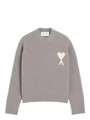 AMI Paris Crewneck Alpaca Sweater With De Coeur - Grey