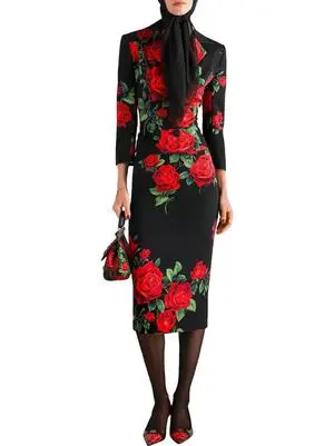 Dolce & Gabbana Rose Print Pencil Midi Skirt - Black