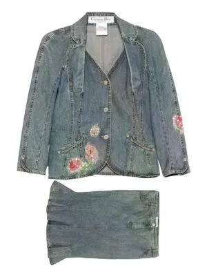 Dior Floral Patchwork Denim Jacket And Skirt Set - Blue