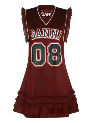 GANNI Burgundy Logo Print Mini Dress With Ruffled Trim - Red