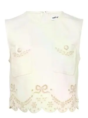 SELF-PORTRAIT Broderie Anglaise Scalloped Hem Top - Neutrals