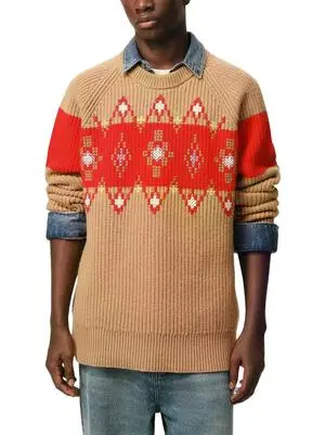 AMI Paris Fair Isle Knit Oversized Sweater - Brown