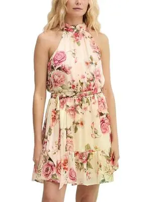 Guess Floral Print Halterneck Mini Dress - Neutrals