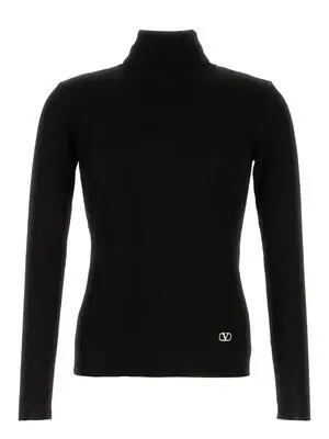 Valentino Garavani Ribbed Viscose Turtleneck With Vlogo Signature Detail - Black