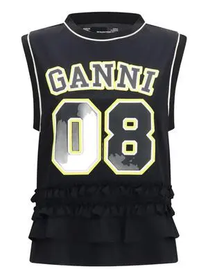 GANNI Ruffled Logo Tank Top - Black