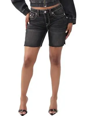 True Religion Miya Mid Rise Bermuda Big T Flap Shorts - Thunder Bloom