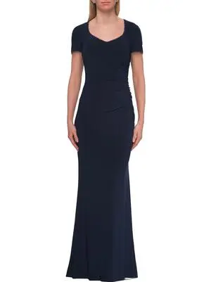 La Femme Short Sleeve Sweetheart Neckline Jersey Gown - Navy