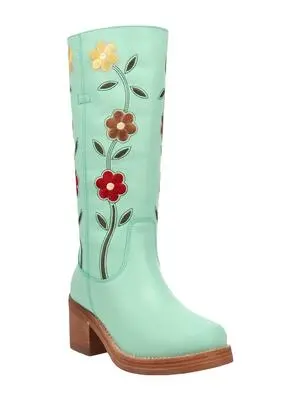 DINGO Embroidered Floral Block Heel Boots - Mint