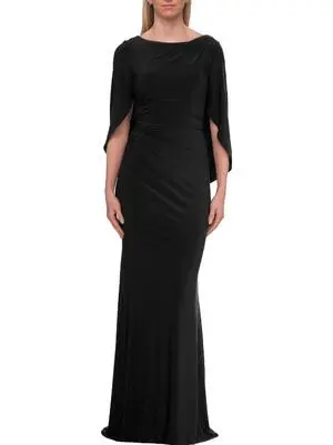 La Femme Draped Cape Sleeve Gown - Black