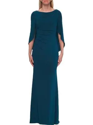 La Femme Draped Cape Sleeve Gown - Teal