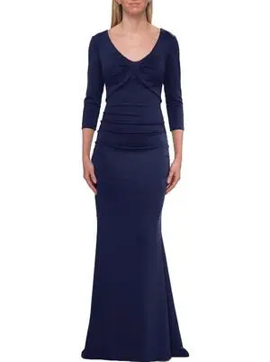 La Femme Three-quarter Sleeve V-neck Jersey Gown - Navy
