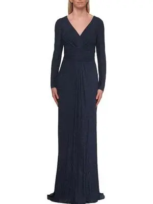 La Femme Long Sleeve Glitter Gown With V-neck And Pleated Waist - Navy