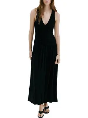 Mango Ruched Sleeveless V-neck Maxi Dress - Black