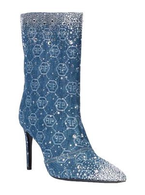 Philipp Plein Monogram Denim Ankle Boots With Rhinestone Embellishments - Lightblue