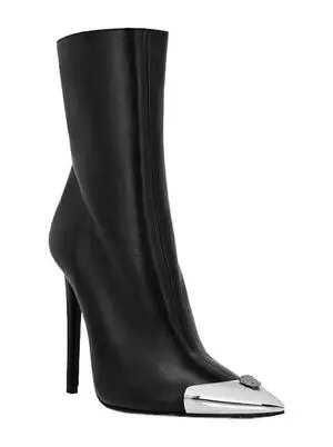 Philipp Plein Leather High Heel Boots With Embellished Skull Toe - Black