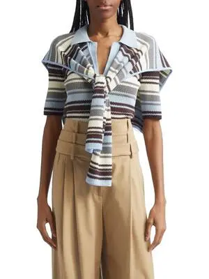 Monse Stripe Jacquard Polo Sweater With Shoulder Wrap - Blue Multi