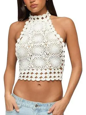 EDIKTED Crochet High Neck Halter Top - Cream