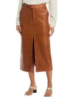 Johanna Ortiz Embossed Leather Midi Skirt - Camel